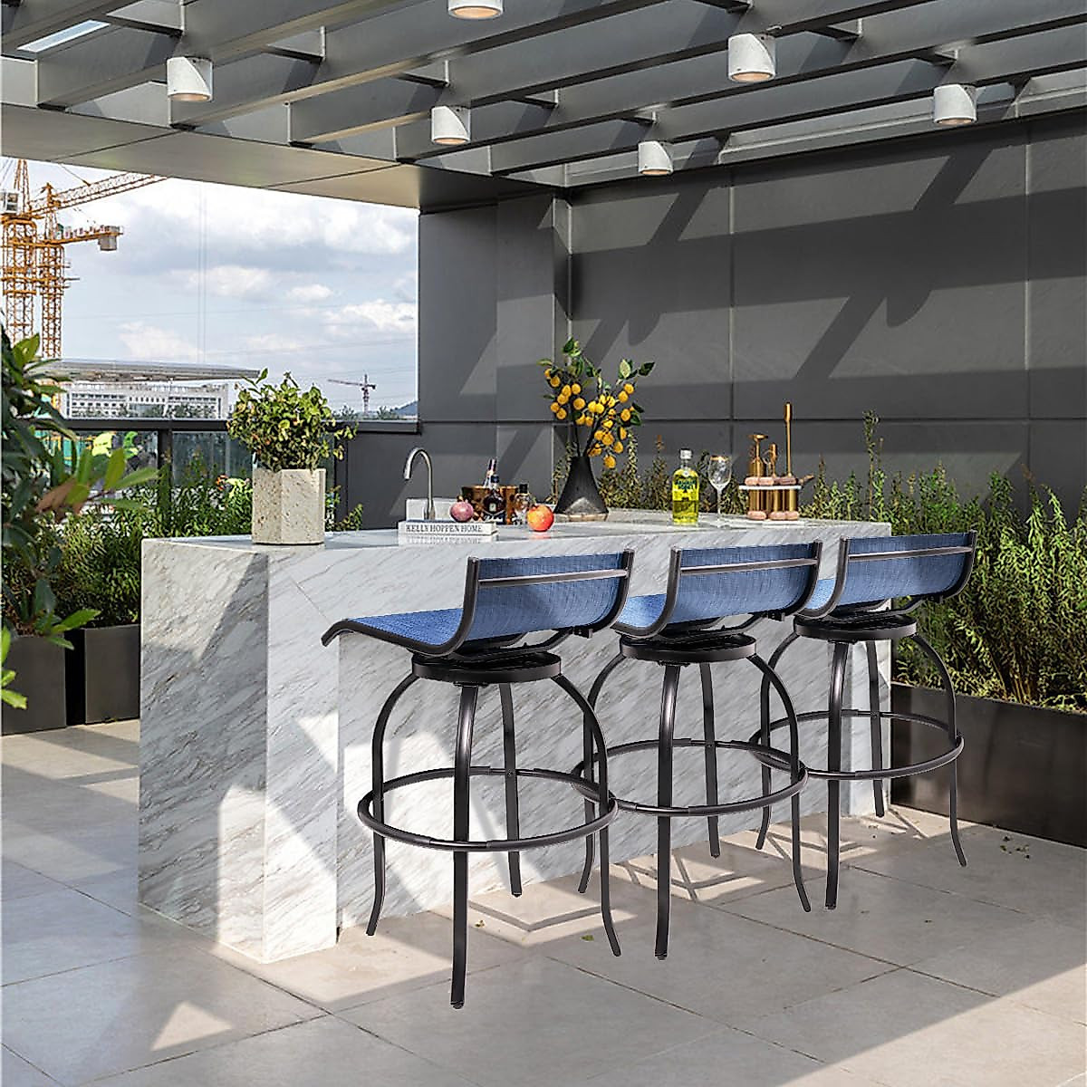 Sundale Outdoor Swivel Bar Stools Set of 2, 32 Inch Seat Height Tall Chairs with Back Armless, Patio Bar Height Sling Barstools, Textilene Fabric High Pub Chairs for Porch Deck Yard, Blue