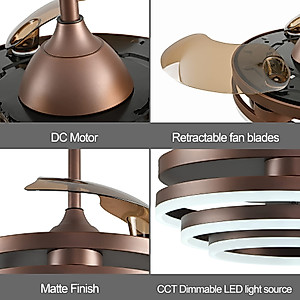 Cusp Barn 42" Retractable Fandelier Ceiling Fan with Lights Remote - Silent Dimmable Modern 6 Speed LED Chandelier Fan for Bedroom Living Room Kitchen