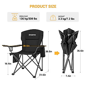KingCamp Padded Folding Lounge Chairs with Built in Cupholder, Insulated Cooler Sleeve, and Side Storage Pocket for Indoor and Outdoors, 2 Pack, Black