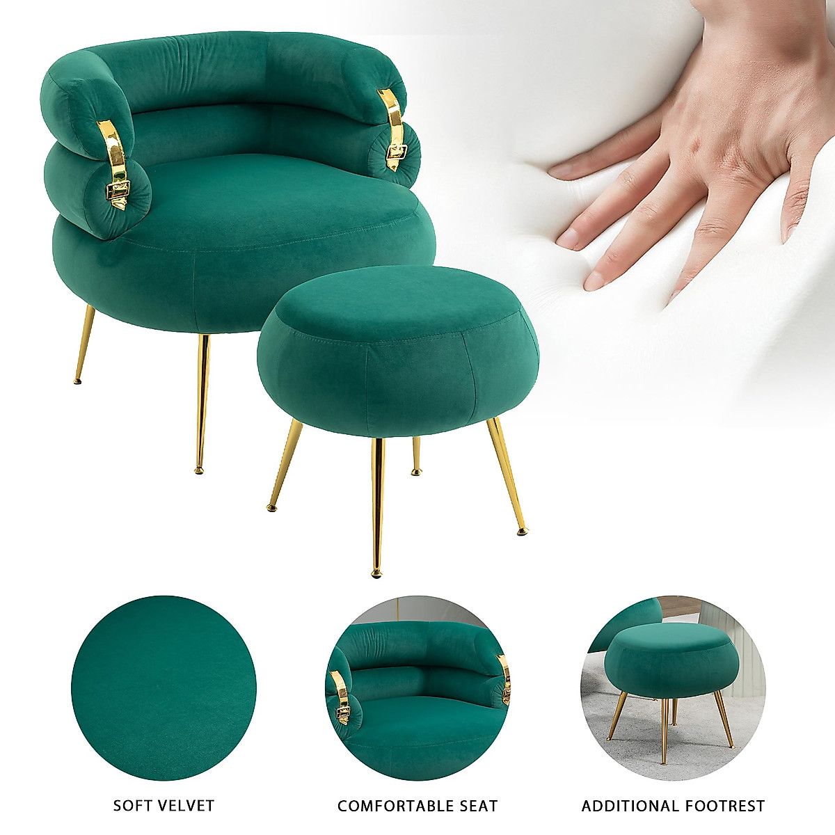 Hdxdkog Velvet Accent Chair with Ottoman Set, Modern Upholstered Armchair Tufted Chair with Footstool, Single Sofa Chair with Metal Legs for Living Room, Apartment, Bedroom(Green-Chair and Ottoman)