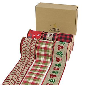MEEDEE Burlap Wired Ribbon 2.5 Inch 6 Rolls 36 Yards Buffalo Plaid Ribbon for Wreaths, Tree Decorations, Ribbon Garland