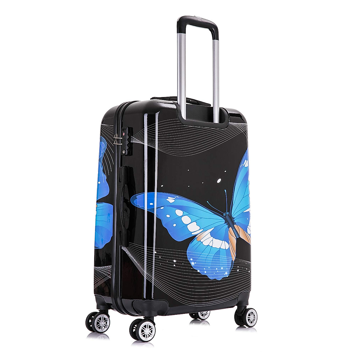 InUSA Black Butterfly Print Luggage with Spinner Wheels | Durable Lightweight Hardside Suitcase | Travel Bag with Handle and Trolley | 24-Inch Medium Checked luggage