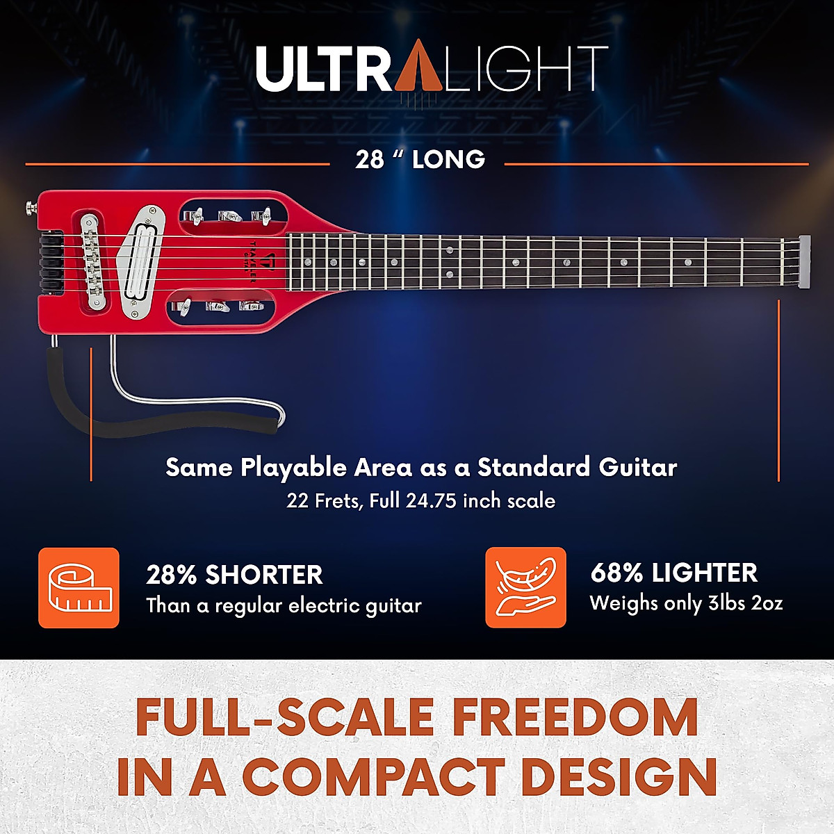 Traveler Guitar Ultra-Light Torino Red Electric Guitar | Small Electric Guitar with Removable Lap Rest | Full 24 3/4" Scale Travel Guitar | Portable Mini Guitar | Headless Guitar with Custom Gig Bag