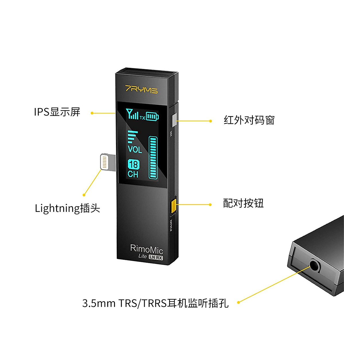 7RYMS RimoMic Lite LN Mini Wireless Microphone, Lavalier Microphone for iPhone Vlogging, Phone Gimbal Video Recording, Phone Interview- Compatible with iPhone 13 12 11 X XS 8 7 6 pro/max/Mini