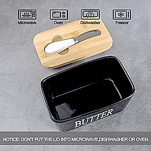 Hasense Butter Dish with Bamboo Lid and Knife, Large Butter Keeper Container for Counter, Airtight Butter Holder with Cover for Kitchen,Black