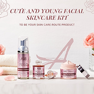 ANAiRUi Skin Care Set, Facial Kit for Women, Rose & Squalane Face wash and Moisturizer Set with Clay Mask, Face Cleanser and Facial Oil, Purify, Hydrate, Radiant, Rose Travel Skincare Set