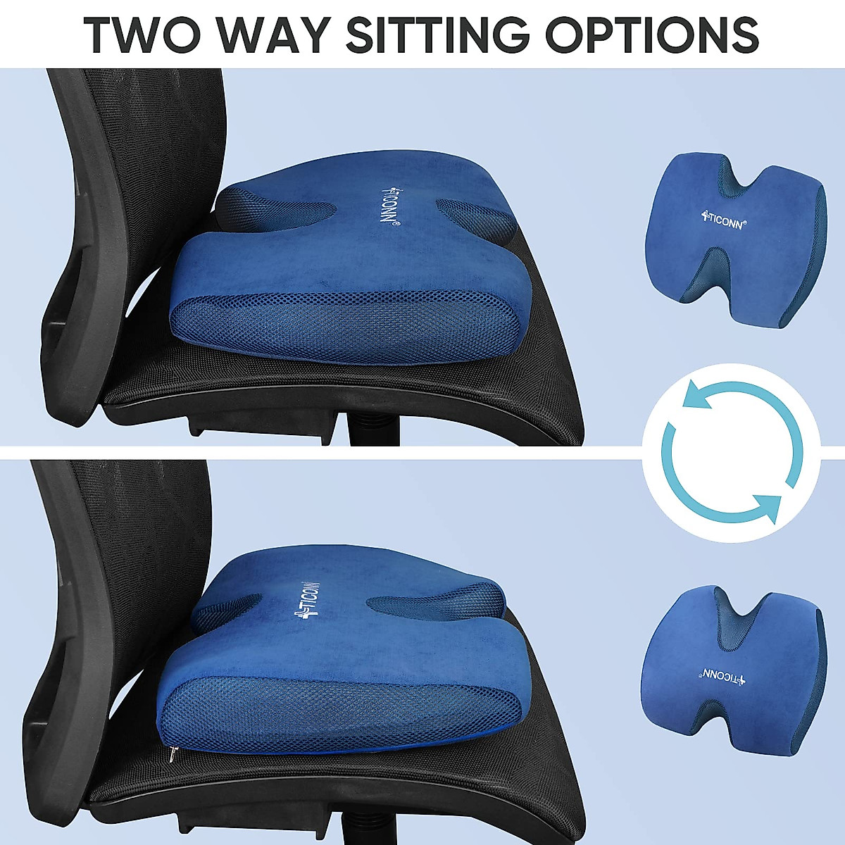 TICONN Memory Foam Seat Cushion, Office Chair Cushion Butt Pillow for Long Sitting (Blue)
