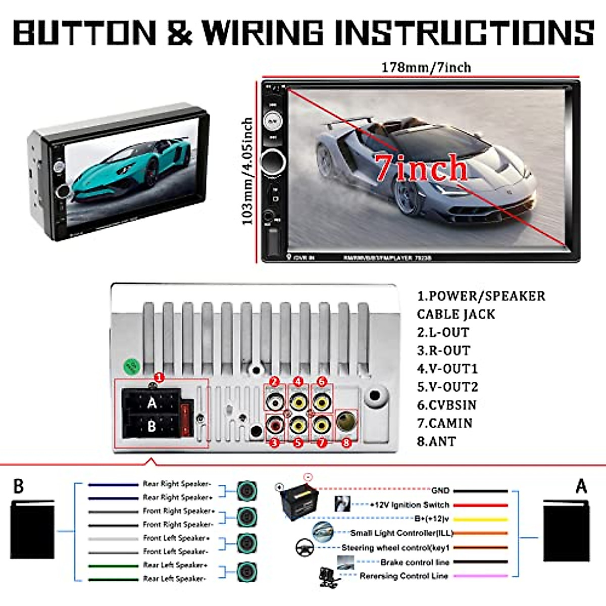 Camecho Car Stereo 2 Din Car Radio 7" MP5 Player with HD Touch Screen Digital Display Bluetooth Multimedia Support USB SD FM Aux-in Double Din Autoradio Mobile Phone Mirror Link with Backup Camera