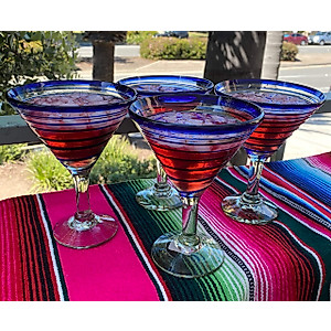 Mexican Hand Blown Glass – Set of 4 Hand Blown Modern Margarita Glasses - Blue Spiral (12 oz)