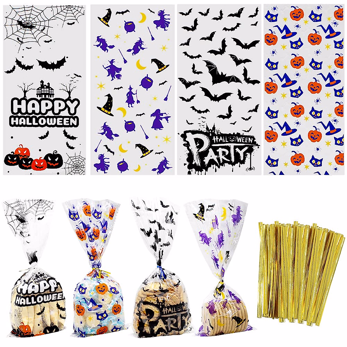 Hidreas 120 PCS Halloween Cellophane Bags Halloween Treat Bags with Ties for Candy Cookie Goodies Gift Favor Halloween Party