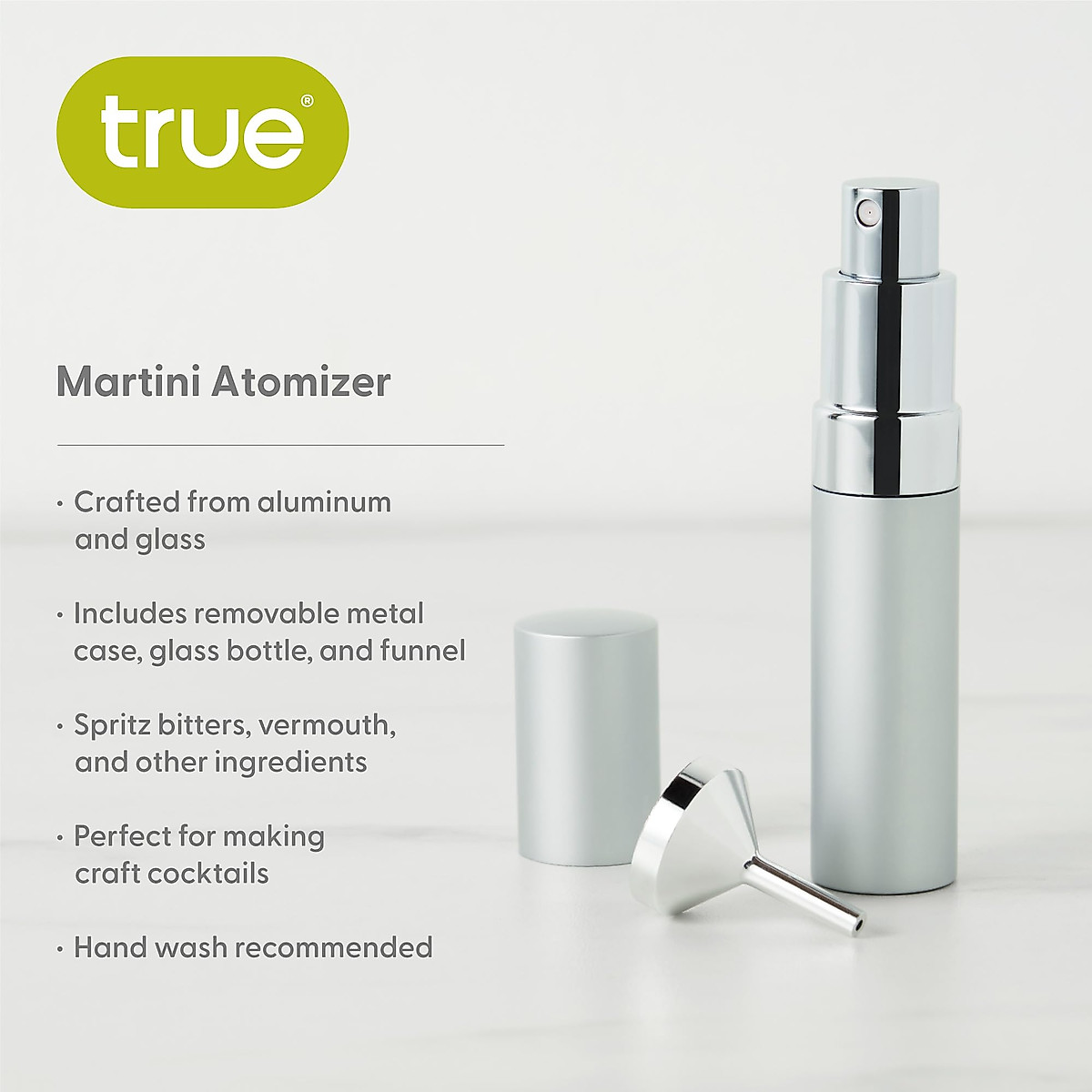 True Martini Atomizer Bar Mister with Refillable Funnel for Vermouth Spray Glass Canister with Stainless Steel Case, 1 Count (Pack of 1), Silver