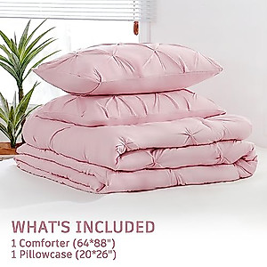 DOWNCOOL Twin Comforter Set - Pink Pintuck Bedding Comforter Sets, 2-Piece Twin Bed Set, 1 Soft Pinch Pleated Comforter and 1 Pillowcase, Down Alternative Bedding Comforters & Sets for All Season