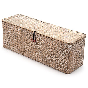 Whitewash Seagrass Tank Basket with Lid Woven Toilet Roll Storage Basket with Sections Rectangular for Organize Snack Toys (Large Compartment 16.5inch L x 5.5inch W x 5.5inch H)