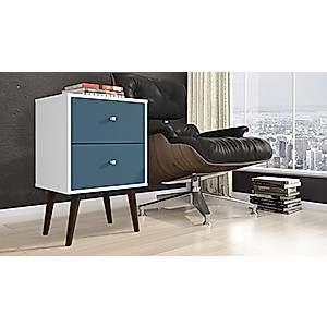 Manhattan Comfort Liberty Collection Mid Century Modern Nightstand With Two Drawers, Splayed Legs, White/Blue
