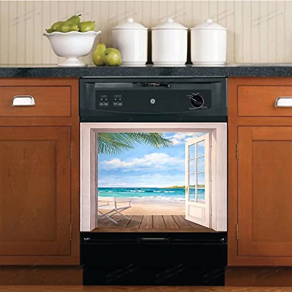 Greture Seaside View Kitchen Dishwasher Front Cover Magnetic Sticker, Refrigerator Panel Decal, Kitchen Utensils Sticker Decoration 23W x 26H Inch