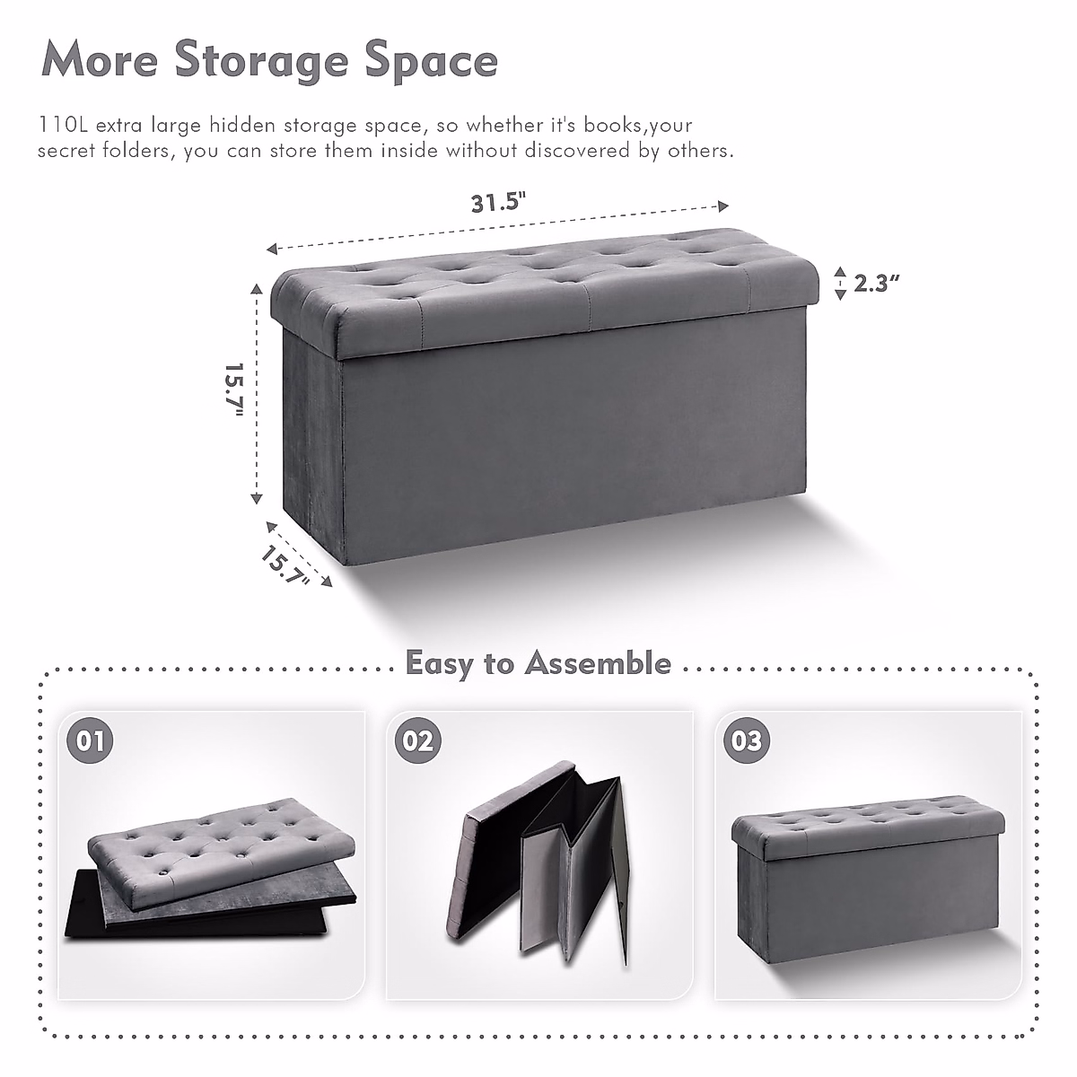 B FSOBEIIALEO Folding Storage Ottoman, Long Ottomans Shoes Bench, Velvet Storaeg Chest Footrest Seat 31.5"x15.7"x15.7" (Grey, Large)