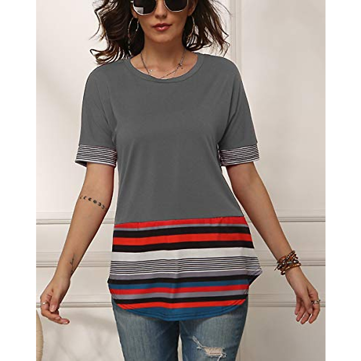 Huange Womens Color Block Striped T Shirts Summer Short Sleeve Crew Neck Tunic Tops Blouse Gray