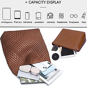 Women Vegan Leather Hand-Woven Tote Handbag Fashion Shoulder Top-handle Bag All-Match Underarm Bag with Purse (Brown)
