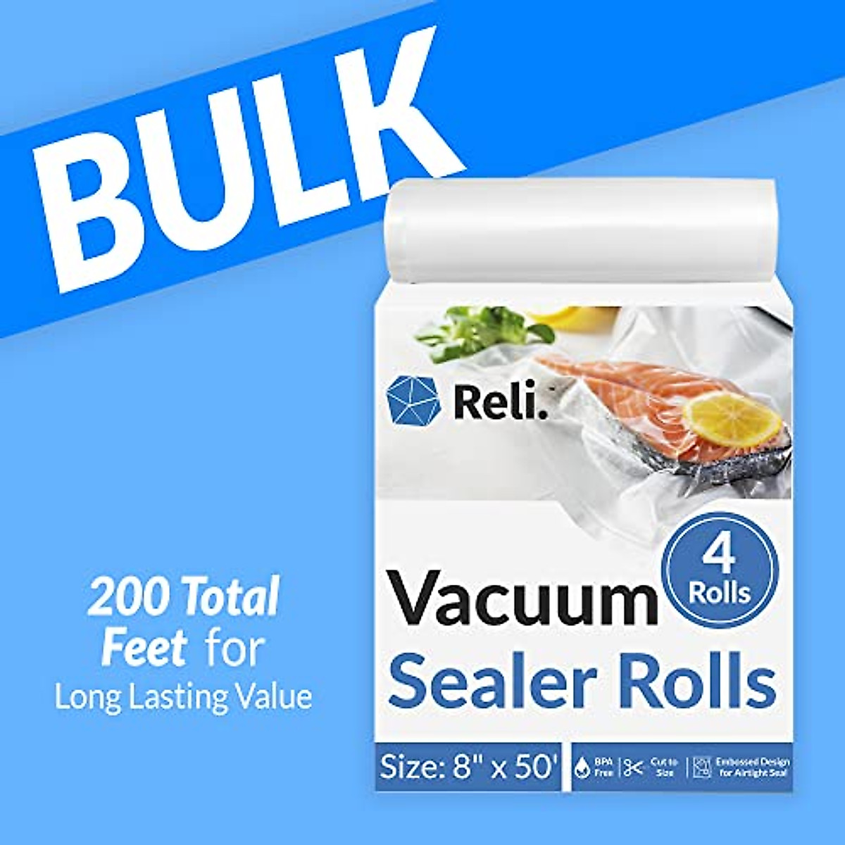 Reli. Vacuum Sealer Bags - 4 Rolls of 8"x50' | 4 Rolls Bulk - 200ft Total | Vacuum Sealer Rolls 8inx50ft for Food | BPA Free, Cut to Size | Vacuum Sealer Bags for Food, Sous Vide, Storage/Prep | Clear