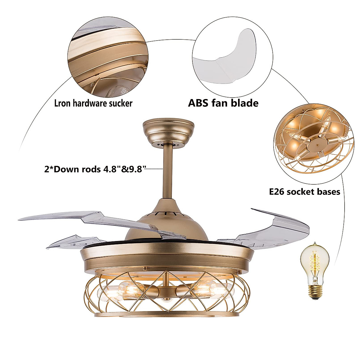 BILPIKOGoo 42" Retractable Ceiling Fans with Lights, Farmhouse Industrial Ceiling Fan, Caged Fandelier Ceiling Fans with Remote, 6 Wind Speeds, for Kitchen Bedroom Living/Dinning Room