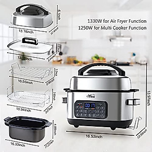 Artestia 12-in-1 Multi Cooker with Air Fry, Sous Vide, Rice, Sauté, Slow Cook, Steam, Roast, & Grill - Removable 6.5 QT Cooking Bowl, 12 Pre-Set Programs, Stainless Steel