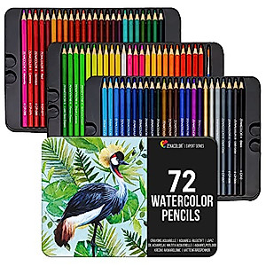 Zenacolor Professional Watercolor Pencils, Set of 72, Metal Box with Brush - Drawing Set for Coloring, Blending and Layering Books, Adult or Kids