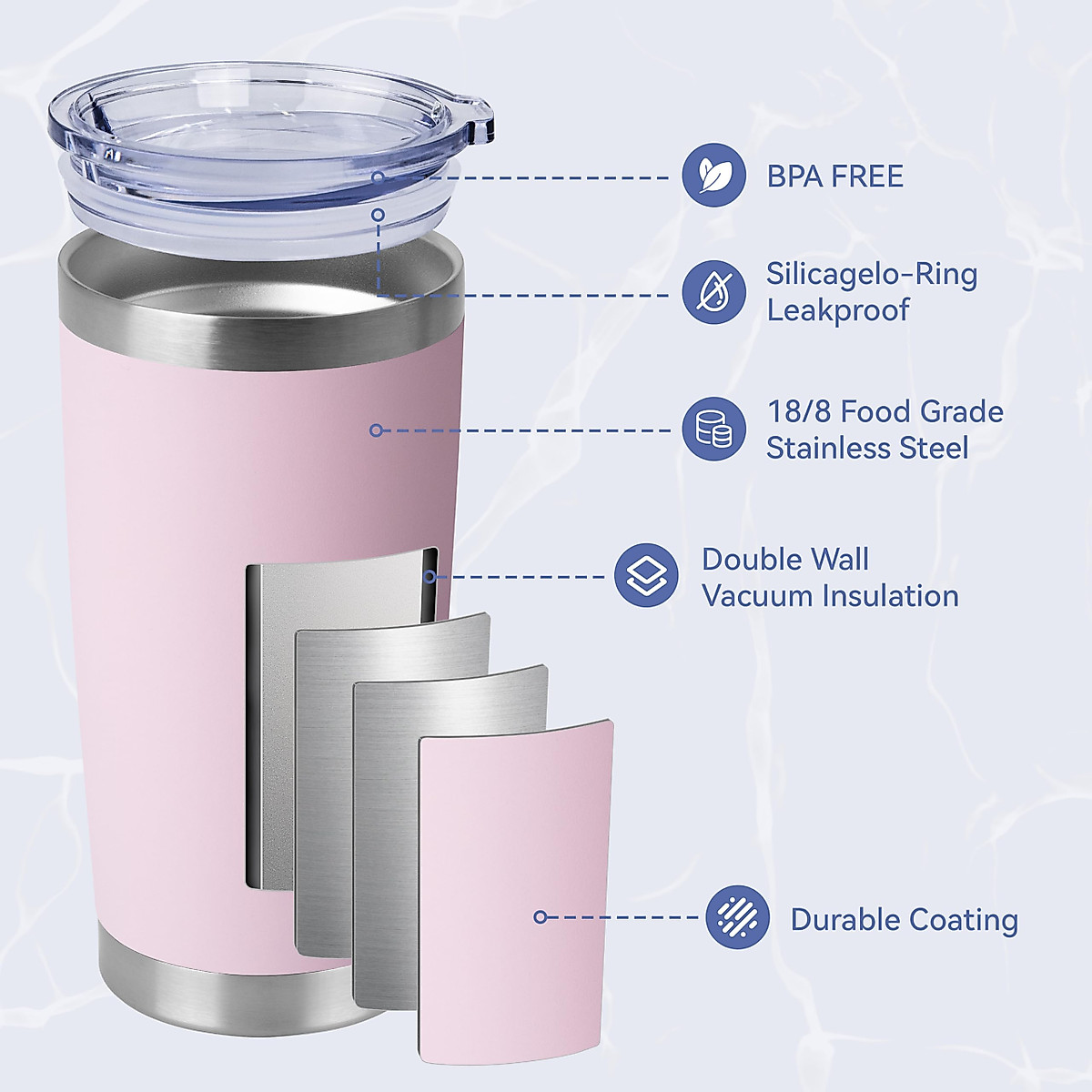 HASLE OUTFITTERS 20oz Stainless Steel Tumblers Bulk, Insulated Travel Cup with Lid, Double Wall Vacuum Coffee Mug for Cold & Hot Drinks 1 Pack, Light Pink