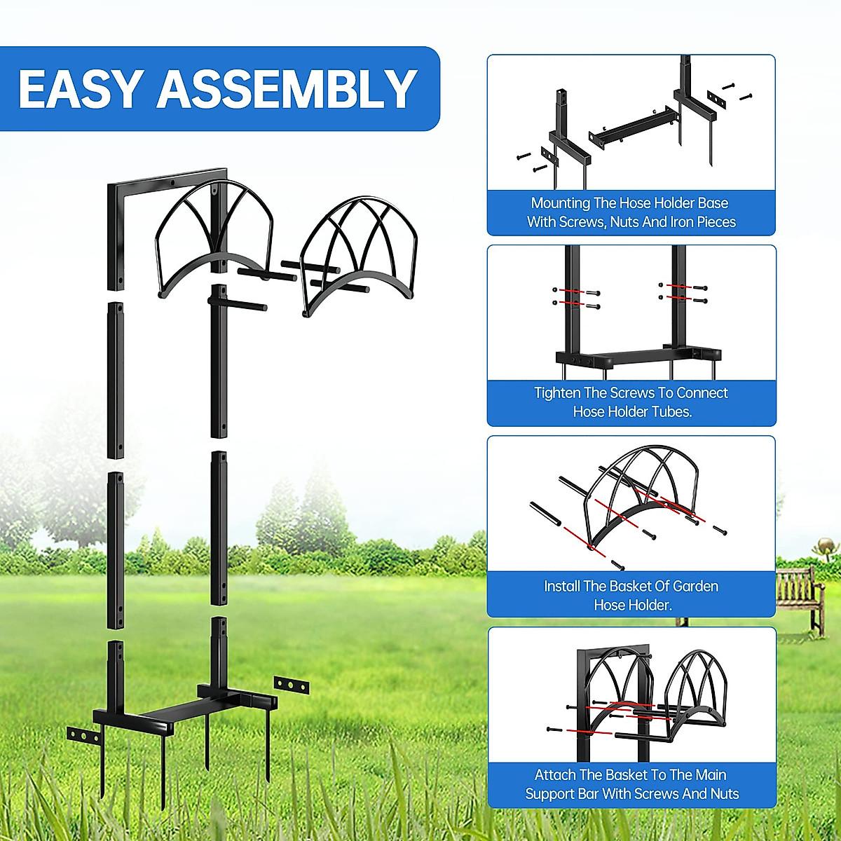 GREENER Garden Hose Holder GREENER Freestanding Heavy Duty Water Hose Holder Detachable Metal Hose Hanger Holds 150-feet Hose,Outdoor Hose Stands Hose Holder Storage Rack For Outside Yard Lawn, Black