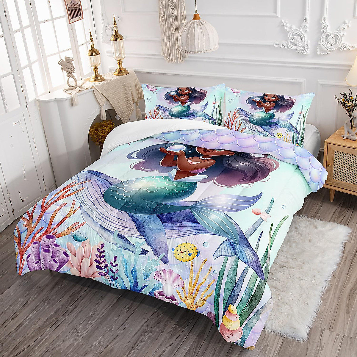 AILONEN Little Black Girl Mermaid Comforter Set Full Size, Kawaii Mermaid with Dolphin Bedding Set for Kids Girl,Ocean Theme Duvet Set,1 Quilt Set and 2 Pillowcases,3PCS