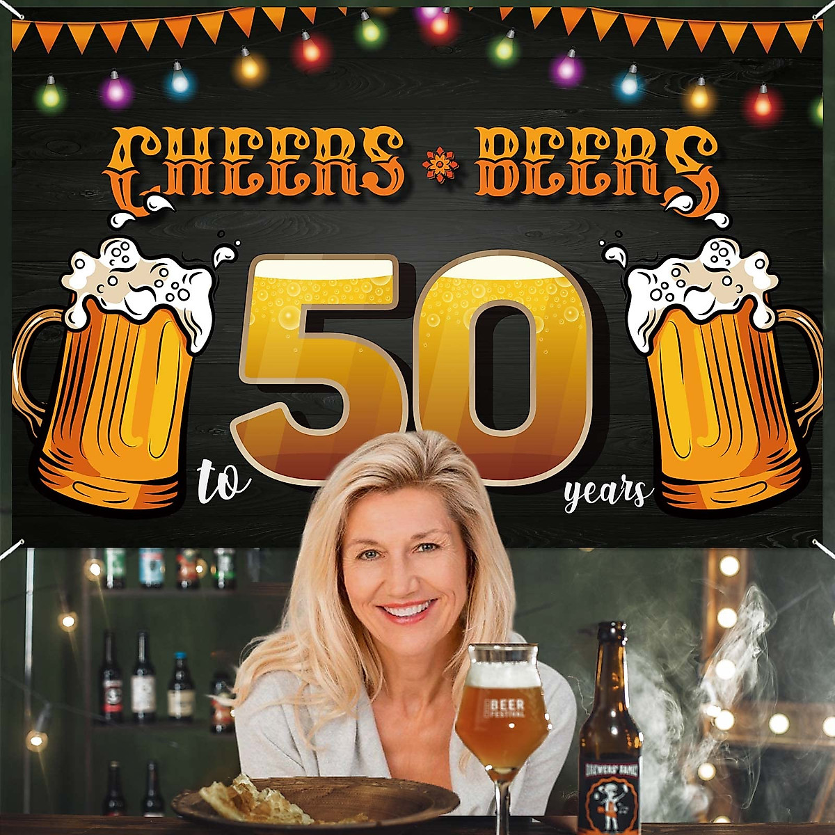 4 x 6ft Happy 50th Birthday Party Decorations Banner Black and Gold - Cheers and Beers to 50 Years Anniversary Photo Booth Backdrop party Supplies for Women and Men