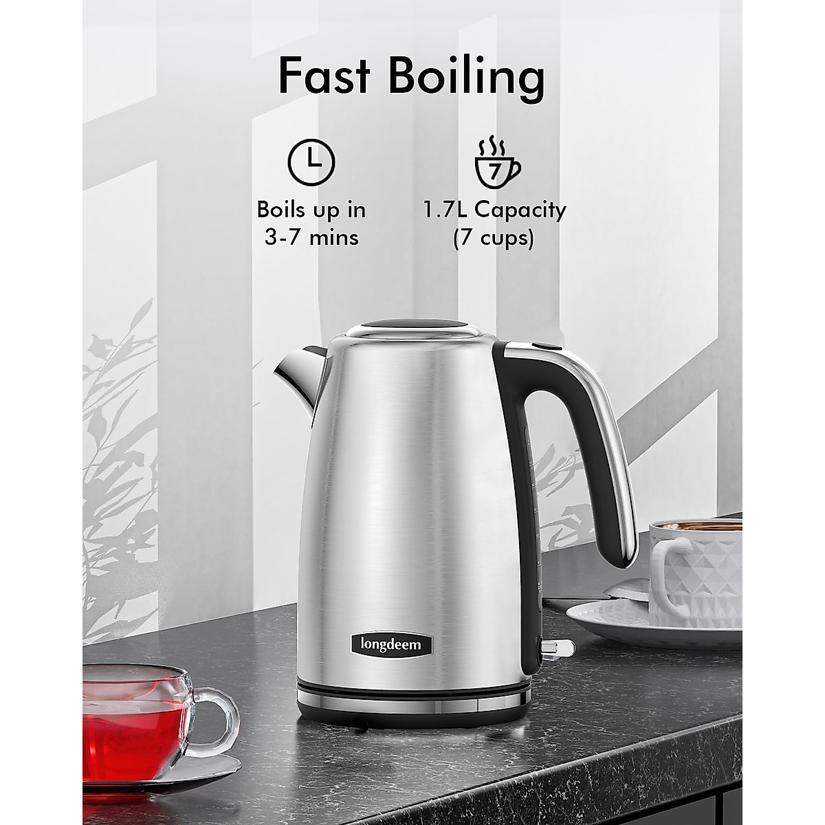 LONGDEEM Electric Kettle Stainless Steel 1.7L - 1500W Quick Boil, Retro Style, Auto Shut-Off, Boil Dry Protection with Filter & Water Gauge - Perfect for Tea, Hot Water