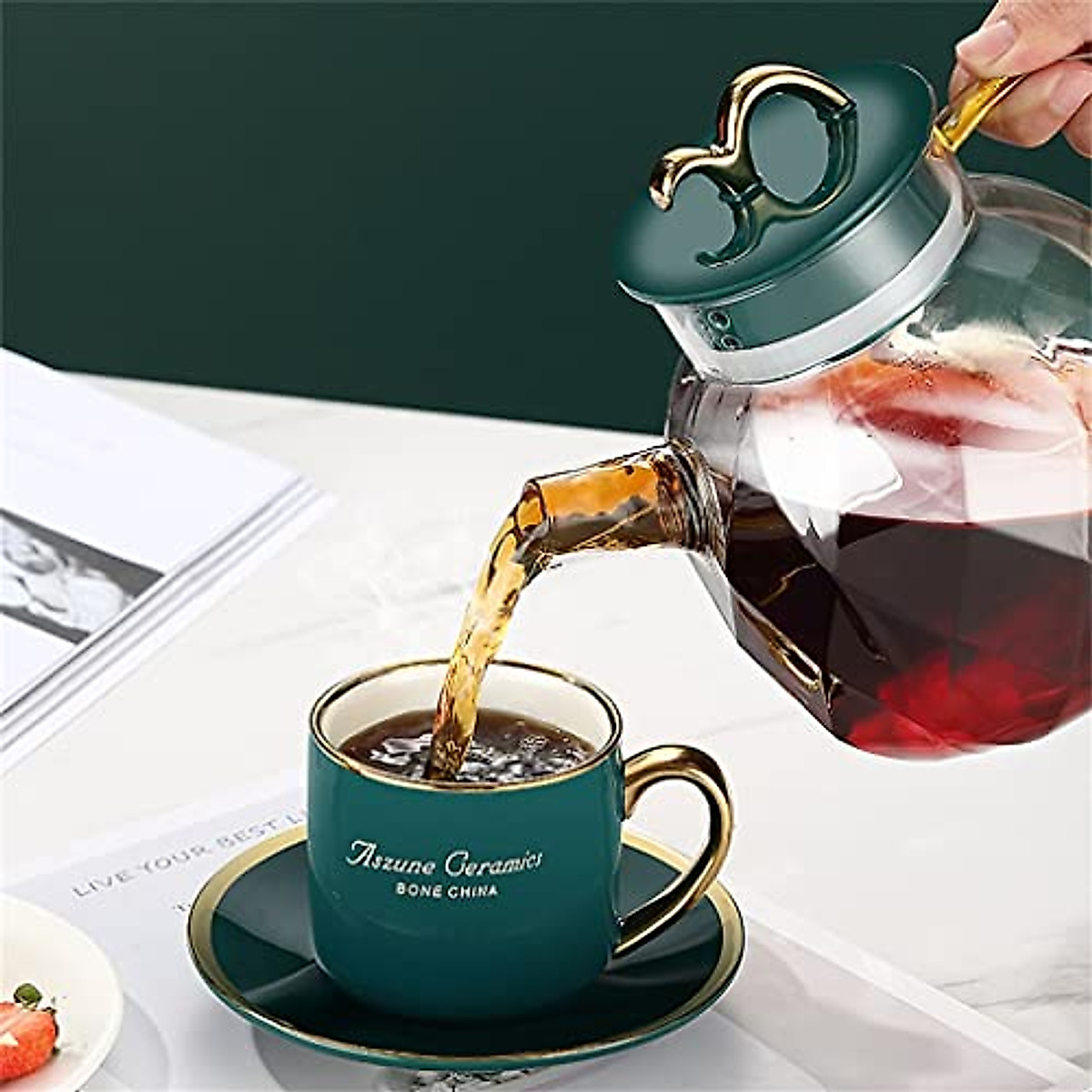 CXDTBH Tea Cup Glass Kettle European Household Ceramic Nordic Coffee Cup and Saucer Utensils Afternoon Tea Set (Color : D, Size : 4-cup kit)
