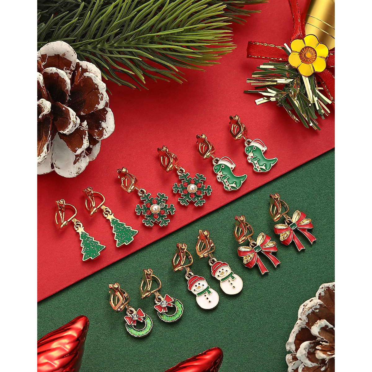 16Pairs Halloween Christmas Clip on Earrings Dangle for Women Teen Christmas Tree Snowflake Snowman Spooky Ghost Pumpkin Bat Cat Squirrel Maple Leaf Thanksgiving Fall Earrings Holiday Jewelry (Holiday Earrings)