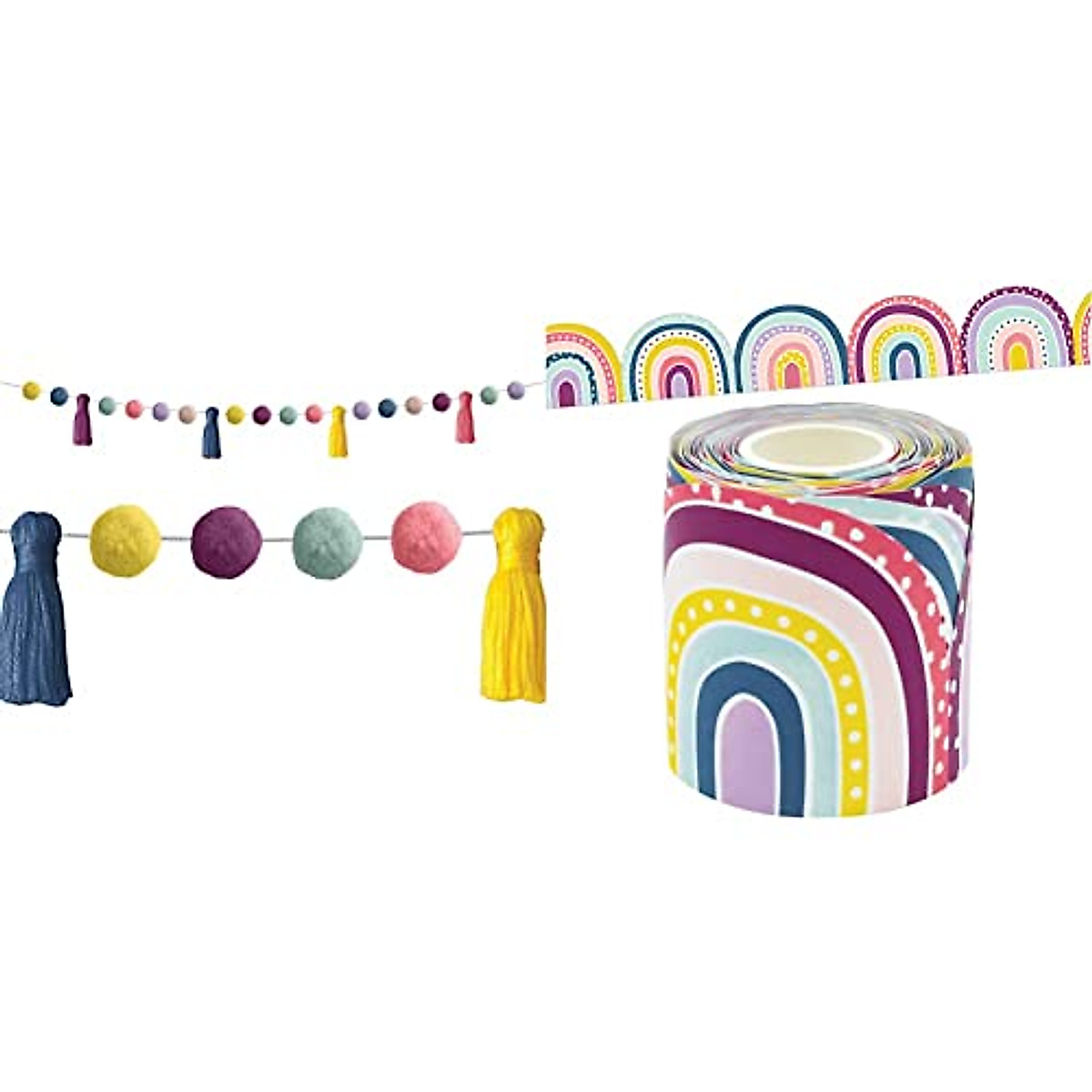 Oh Happy Day Pom-Poms and Tassels Garland & Oh Happy Day Rainbows Die-Cut Rolled Border Trim - 50ft