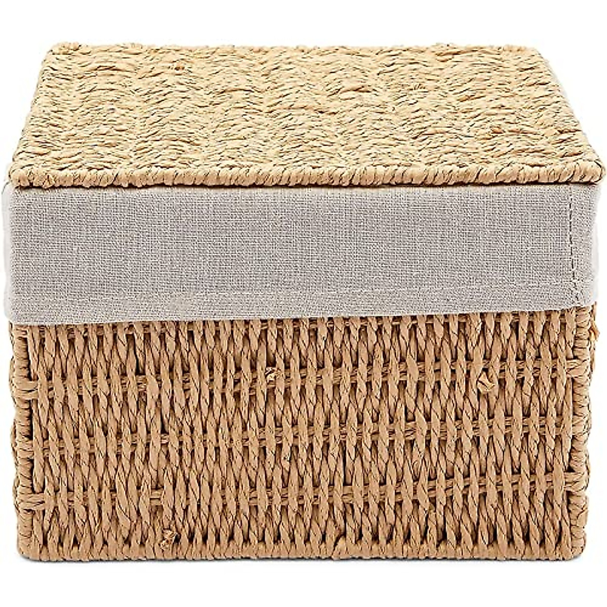 2-Pack Wicker Shelf Baskets with Lids and Removable Cotton Fabric Liners, Rectangular Home Storage Bins for Hand Towels, Toiletries, and Kitchen Counter (2 Sizes)