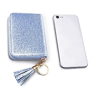 ENYISDAN Blue Small Wristlet Wallets for Women Glitter FRID Leather Credit Card Holder Wallets for Ladies Girls Short Purse