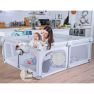 ANGELBLISS Baby Playpen, Large Baby Playard, Play Pens for Babies and Toddlers with Gate, Indoor & Outdoor Play Area for Infants, Kids Safety Play Yard with Star Print (Grey, 63"×47")