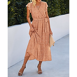 BTFBM Women Summer Bohemian Floral Casual Wrap V Neck Ruffle Cap Sleeveless Belt A-Line Pleated Hem Swing Midi Sun Dress (Coffee, Large)