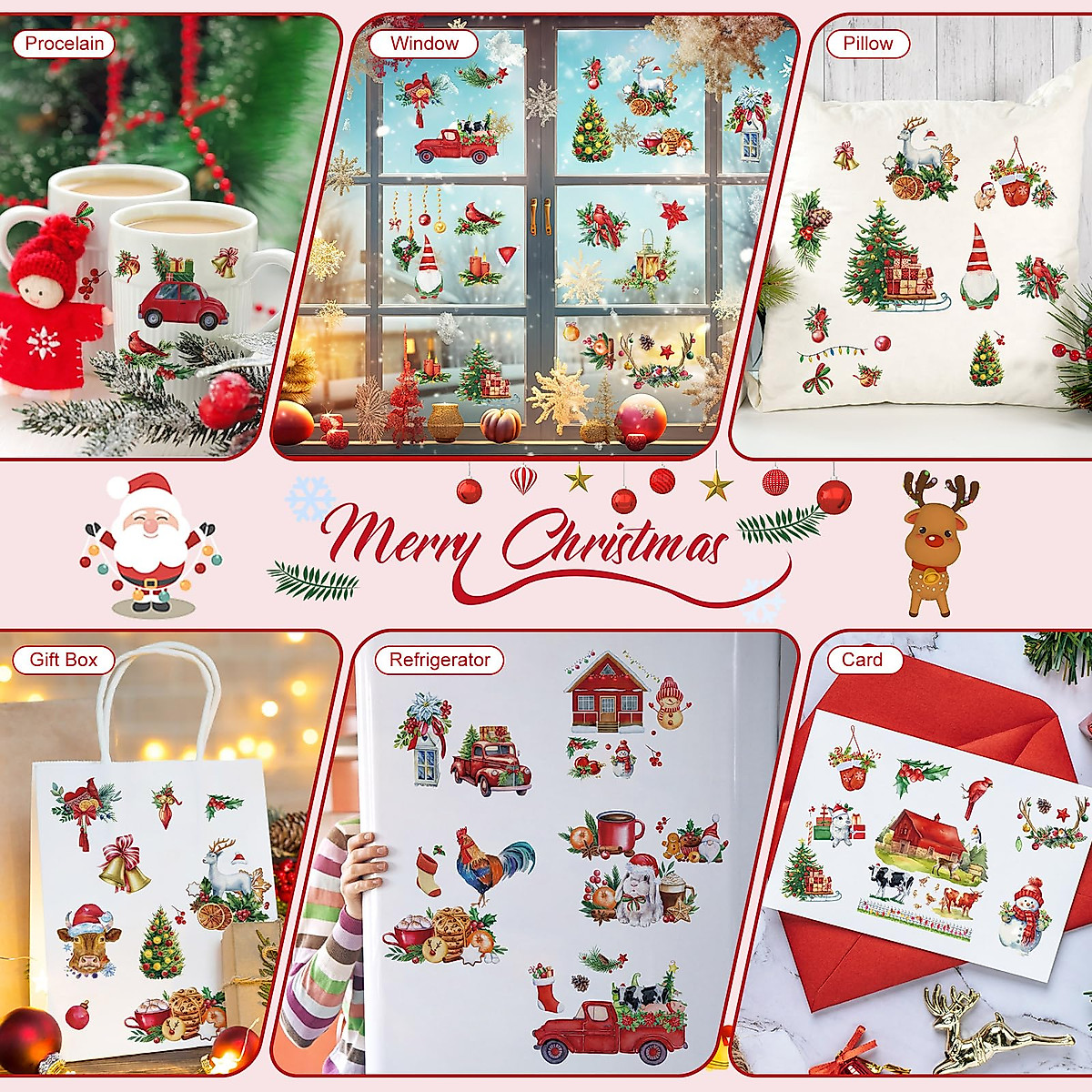 16 Sheets Christmas Rub on Transfers for Crafts and Furniture Rub on Transfers Stickers Xmas Farmhouse Reindeer Stickers Rub on Decals for Home Party Favor Wood DIY Craft, 5.9 x 5.9 Inch