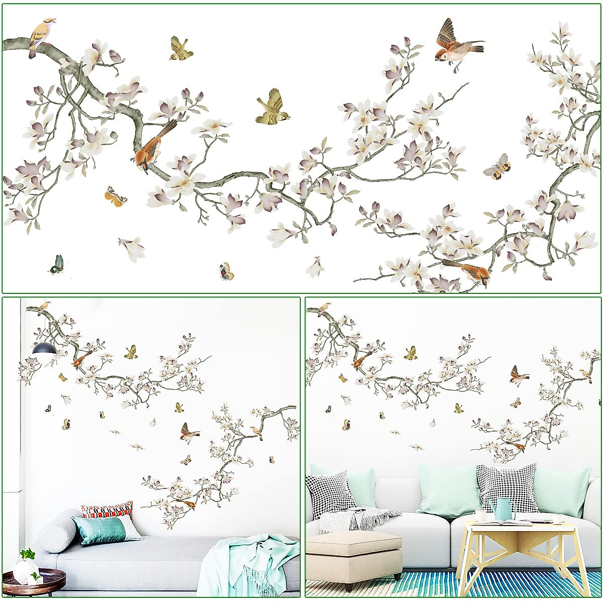 Green Leaf Branch Wall Decals White Flowers Wall Stickers DIY Removable Butterflies and Birds Wall Sticker Art Home Decoration for Kids Baby Girls Bedroom Classroom Offices Nursery TV Sofa Background (B)