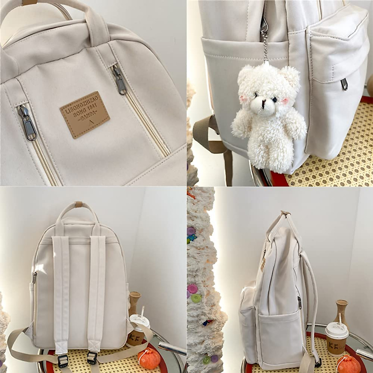 Preppy Backpack with Plushies Cute Vintage Backpack for School Girls Light Academia Bookbags Preppy Aesthetic Backpack (Beige)