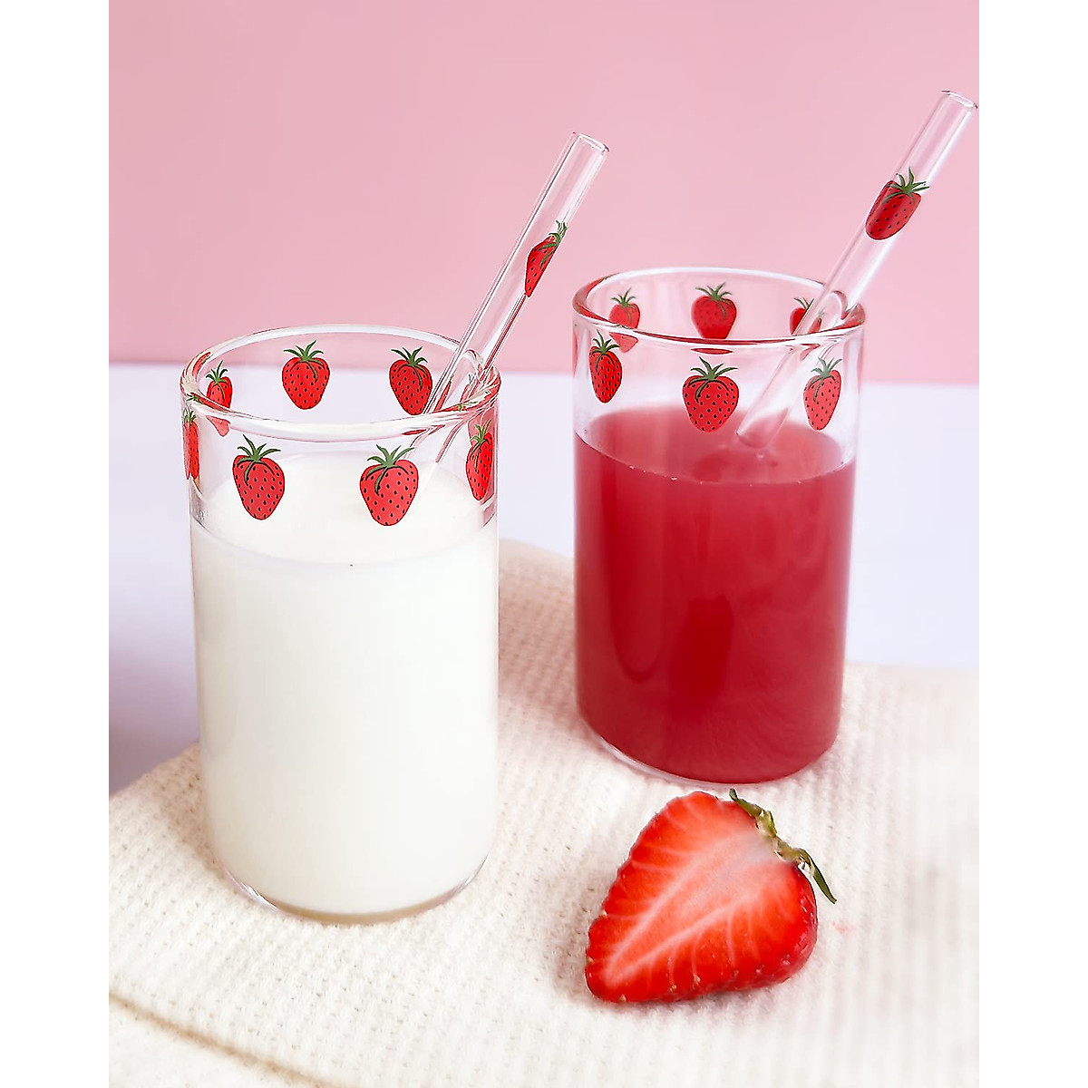 Kreapa strawberry cups 2 SetsCute glass strawberry cups 300ML straw glass cups, Cute strawberry pattern glass bottles for water milk tea, coffee juice tea cups （2pcs）