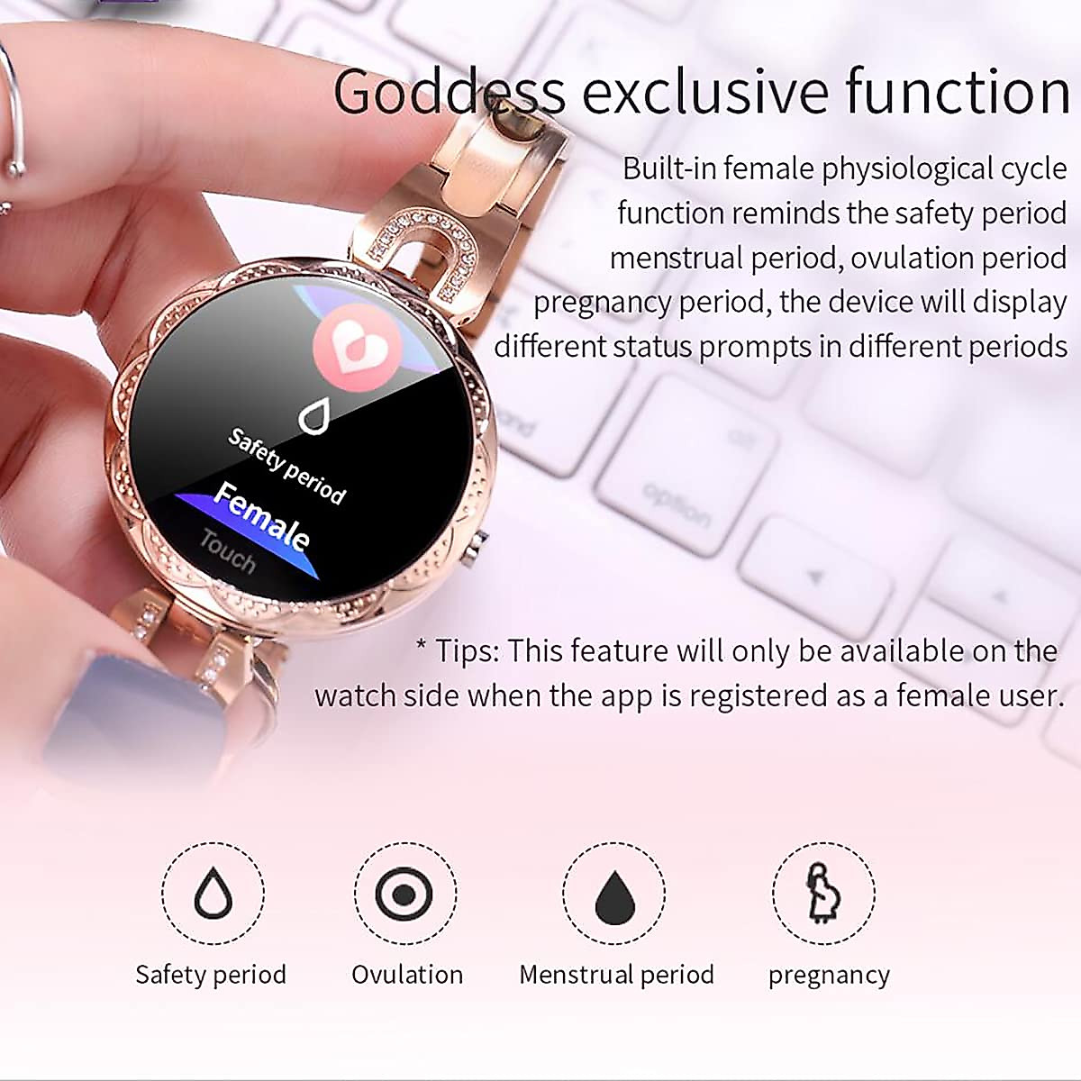 Thafikzi Smartwatch for Women Compatible for iPhone Samsung Android iOS Phones. Smart Bracelet with Female Menstrual Cycle Heart Rate Blood Pressure Remote Photography Waterproof Pedometer (Gold)