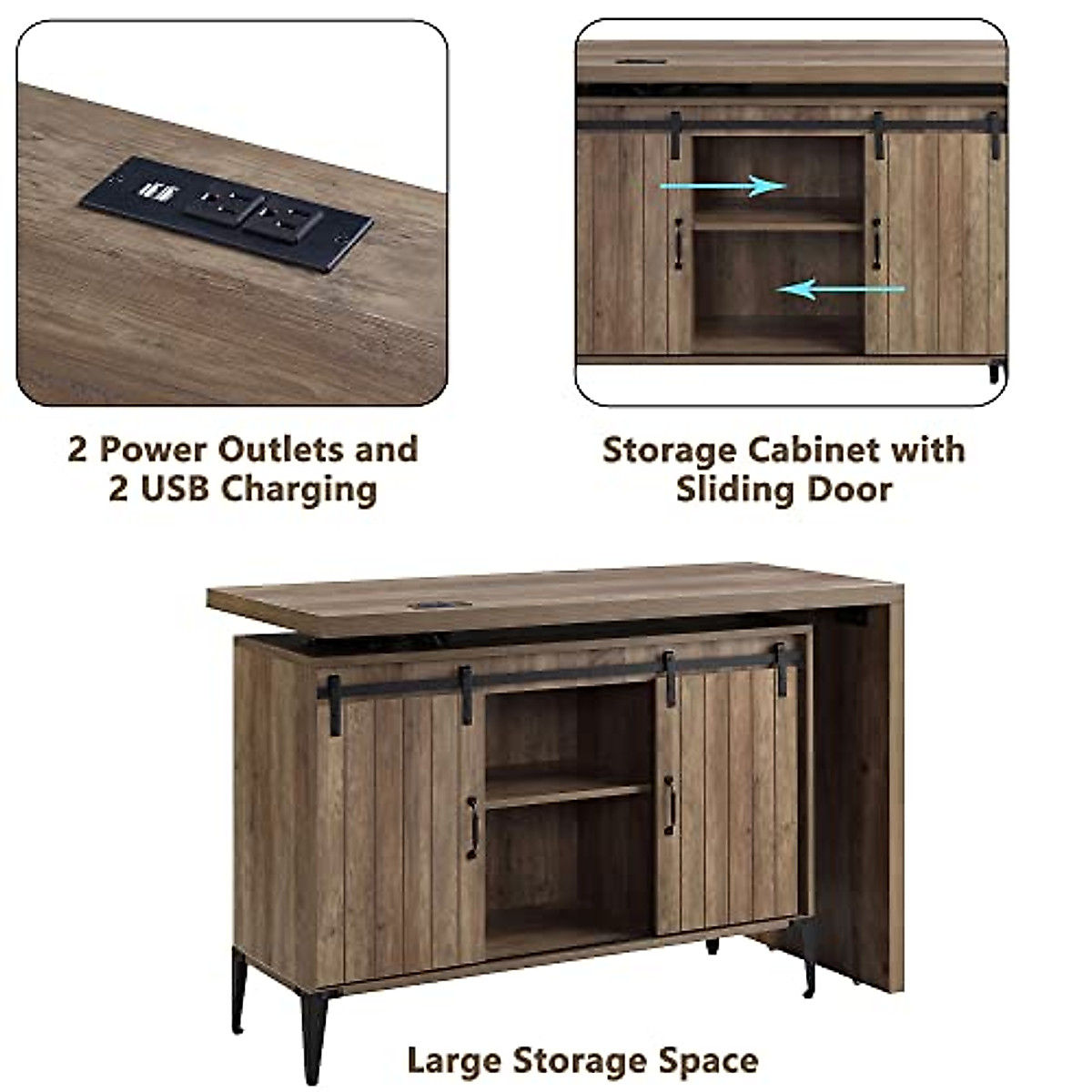 L Shaped Desk w/USB 360° Rotating Rustic Home Office Computer Desk Large Writing Gaming Table Workstation with Storage File Cabinet, Oak Finish, 55" L x 52" W x 36" H