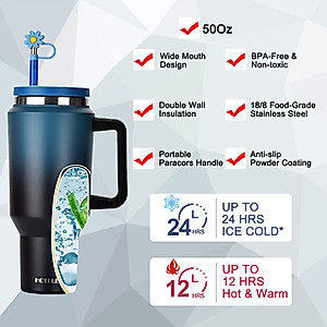 50 oz Stainless Steel Tumbler with Handle & Fruit Infuser & Carrier Bag,Insulated Tumbler with Lid & Straw,Travel Mug Cup Holder Friendly,Large Tumbler for Water, Iced Tea or Fruit,Gift for Men Women