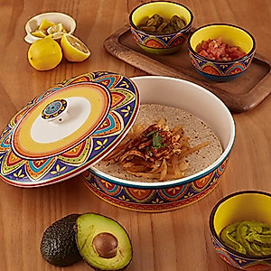 Bico Tunisian Ceramic 8.8 inch Tortilla Warmer, Tortilla Server with Lid, Taco Holder for Mexican Fiesta Party, Taco Tuesday, Cinco De Mayo, Microwave and Dishwasher Safe