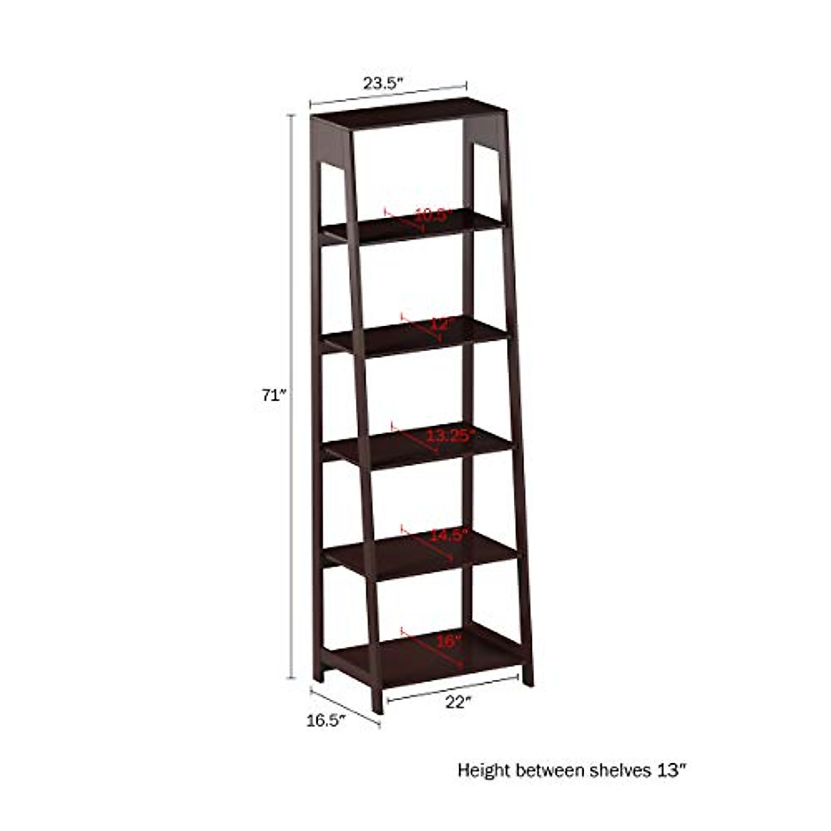 Lavish Home 5-Tier Ladder Bookcase - Freestanding Tiered Wood Bookshelf with Leaning Look - Decorative Shelves for Home and Office Storage (Brown)