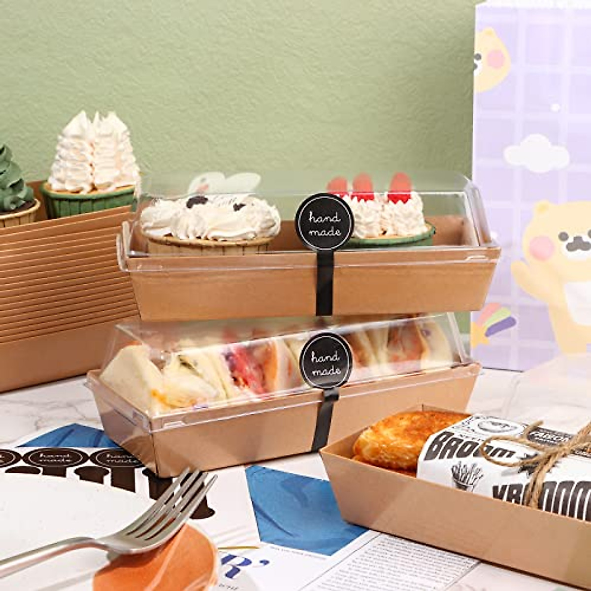 60 Sets Roll Cake Box with Lid Swiss Roll Containers Sushi Box Sandwich Craft Paper Box Plastic Charcuterie Takeout Box for Muffin Pastry Hot Dog Sandwich Cupcakes with 60 Seal Stickers (Rectangle)