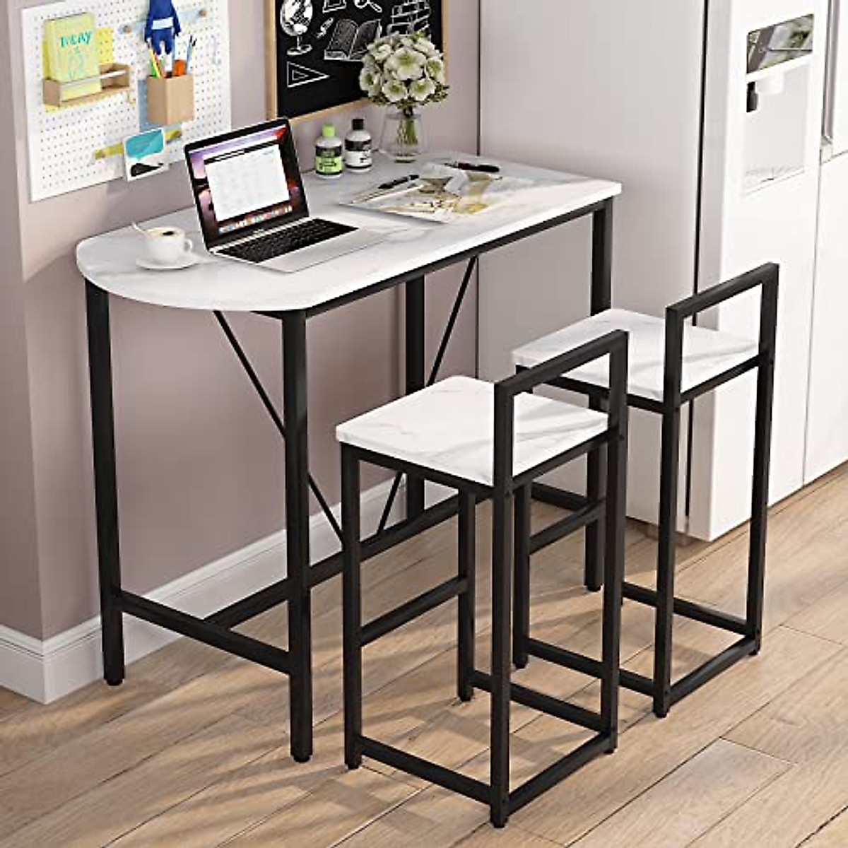 Tribesigns 3-Piece Bar Table Set, Kitchen Pub Dining Table with 2 Bar Stools, Small Space Counter Height Breakfast Table Set with Faux Marble Tabletop for Apartment, White