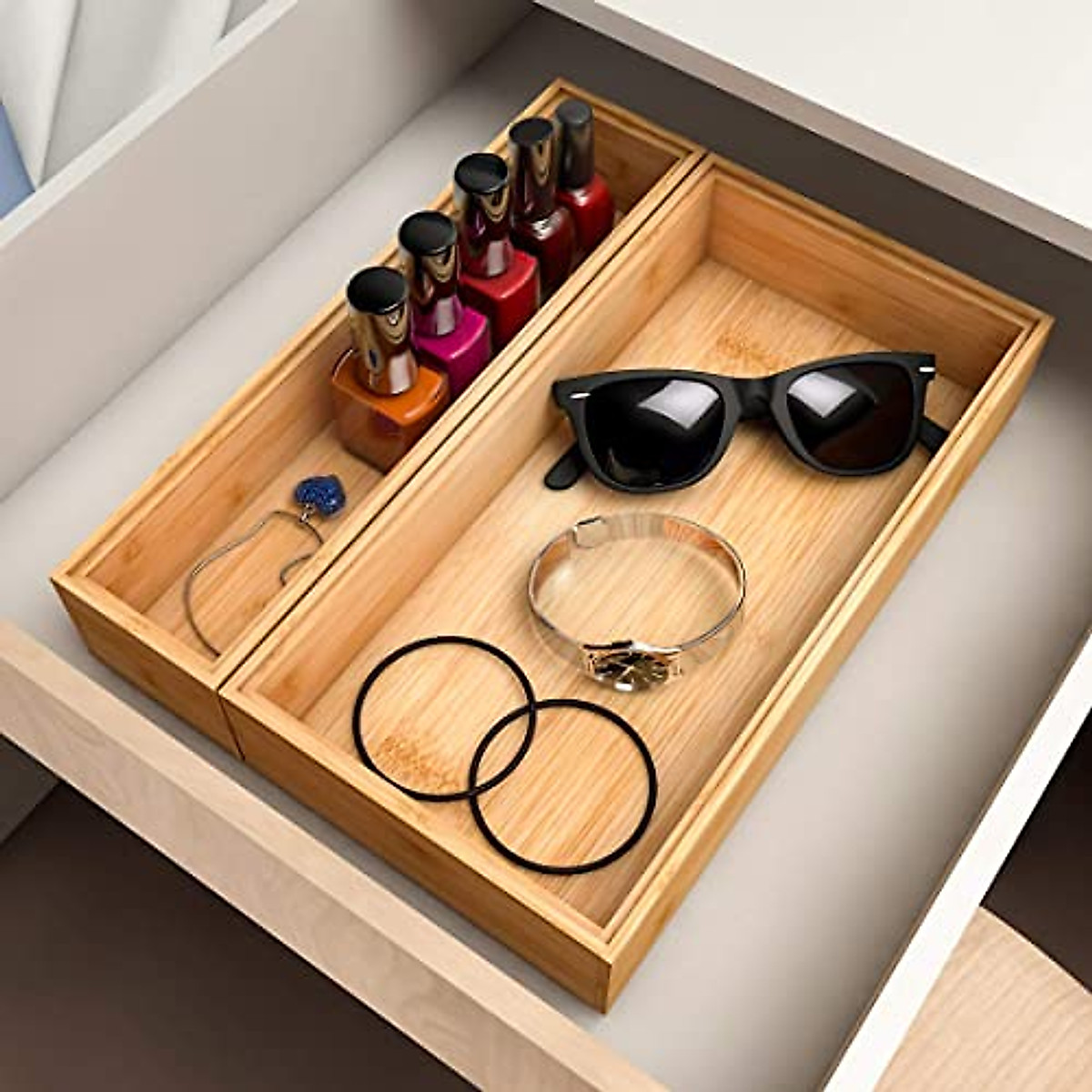 Drawer Organizer Bamboo Storage Box - Kitchen Bathroom Desk Wood Stackable Tray 12x3x2.5inch